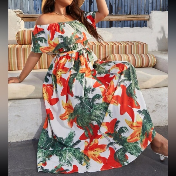 Dresses | Plus Size Floral Tropical Print Off Shoulder Maxi Dress ...